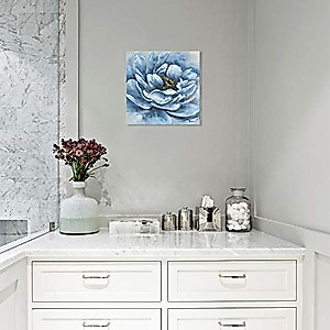 Yidepot Blue Flowers Wall Decor: Peony Wall Art Blue Flower Blossom Floral Pictures Wall Decor Canvas Floral Wall Art Wall Pictures for Living Room Blue with Frame and Easy to Hang (12"x12"x1 Panel)