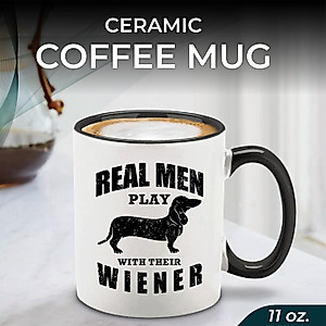 shop4ever Real Men Play with their Wiener Ceramic Coffee Mug Tea Cup, Funny Dachshund Weiner Dog Dad Gift 11 oz. (Black Handle)