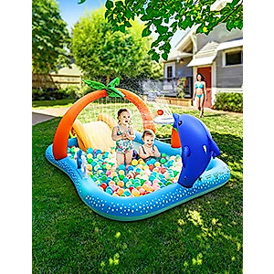 Inflatable Play Center, Kiddie Pool for Kids, Toddler Pool Seaside Water Lounge with Slide, Coconut Palm Sprinkler, Ball Toss Game, Ring Toss Game for Kids Children Ages 3+, 95'' x 75'' x 40''