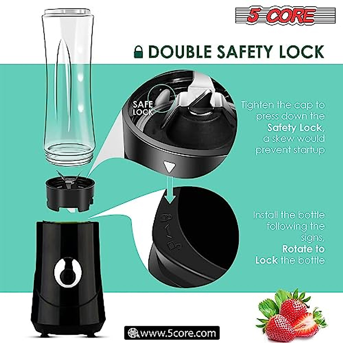 5 Core Smoothie Blender for Shakes and Smoothies, 500ml Powerful 160W Personal Blender & Smoothie Maker with Portable Bottle BPA Free 18 Oz, 4 Stainless Steel Blade, Blenders For Smoothie 5C 421