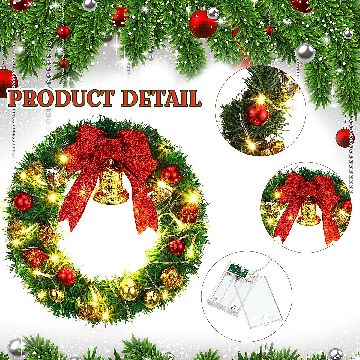 Datanly Christmas Car Wreath Decorative LED Lighted Car Wreath Bell Red Bow Wreath Christmas Decorations for Car Truck SUV Mounting Equipment, 11.8 Inches