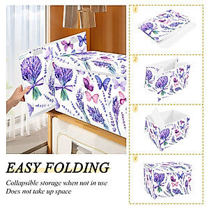 MFTJYO Storage Bin with Lid Purple Lavender Butterfly Foldable Storage Box Washable Fabric Storage Cubes Bin Organizer Basket Closet for Home Bedroom Closet Nursery Office