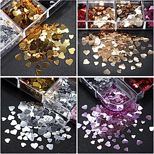 12 Grid 3D Love Heart Holographic Nail Art Sequins Valentine's Day Nail Supplies Valentine Heart Nail Glitters Sequins Heart Nail Acrylic Decorations DIY Nail Beauty Accessories for Women Girls