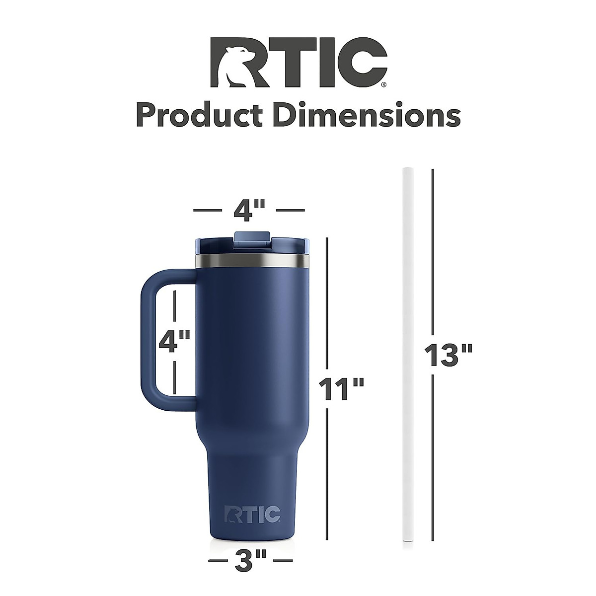 RTIC 40 oz Road Trip Tumbler Double-Walled Insulated Stainless Steel Portable Travel Coffee Mug Cup with Lid, Handle and Straw, Navy