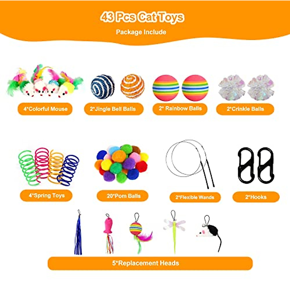 YUSHOO 43PCS Cat Toys, Interactive Cat Kitten Toys for Indoor Automatic Cat Toys Cat Feather Teaser Wand Toys Include Cat Springs, Mice, Balls and Bells Toys, Cat Wand Toys for Cat Kitten