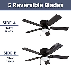 Prominence Home Benton, 52 Inch Traditional Flush Mount Indoor LED Ceiling Fan with Light, Pull Chains, Dual Finish Blades, Reversible Motor - 50853-01 (Matte Black)