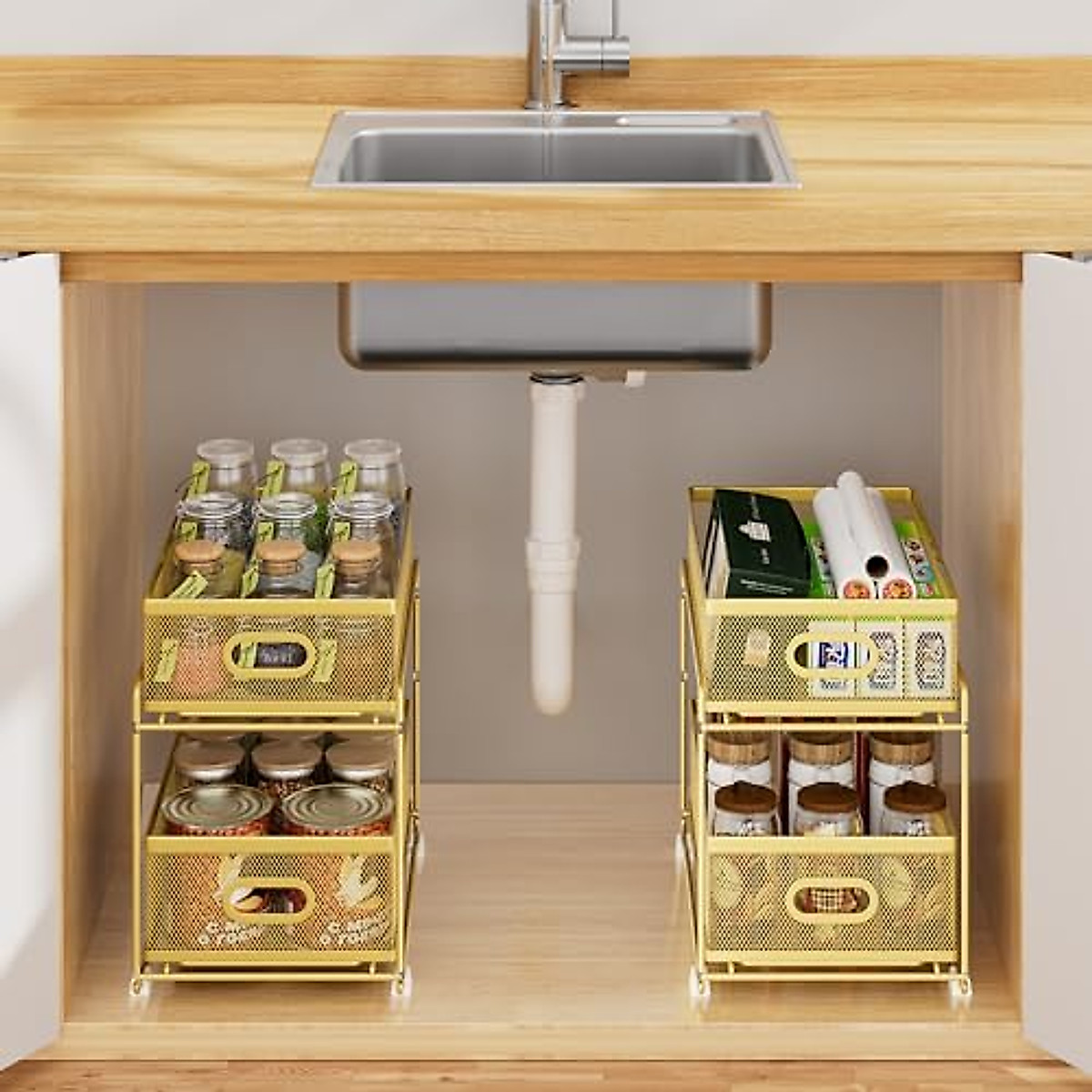 wkokos Under Sink Organizer Baskets with Mesh Pull Out Sliding Drawers for Cabinet, Kitchen, Bathroom, 2 Tier, Gold