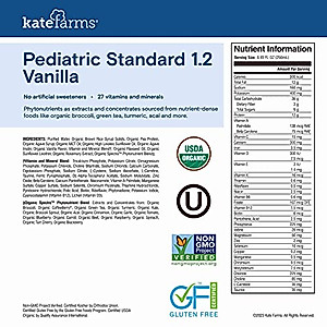 Kate Farms Pediatric Standard 1.2 Formula, Sole Source Nutrition, Nutritional Supplement Drinks, Feeding Tube Meals, Protein Shakes for Kids (Vanilla 1.2 cal/mL, Case of 12)