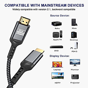 ALLEASA 8K HDMI Cable, Ultra 48Gbps High Speed 12 FT HDMI Cable, 12 Foot hdmi Cable -4K@120Hz 8K@120Hz, eARC, HDR10, DTS:X, HDCP 2.2 & 2.3, Compatible with PS4/5,Blu-ray, Monitor,PC（Grey,2 Pack）