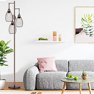 Dimmable Floor Lamp, 3 x 800LM LED Edison Bulbs Included, Farmhouse Industrial Floor Lamp Standing Lamp with Elegant Teardrop Cage Head Tall Lamp for Living Room Bedroom Office Dining Room - Brown