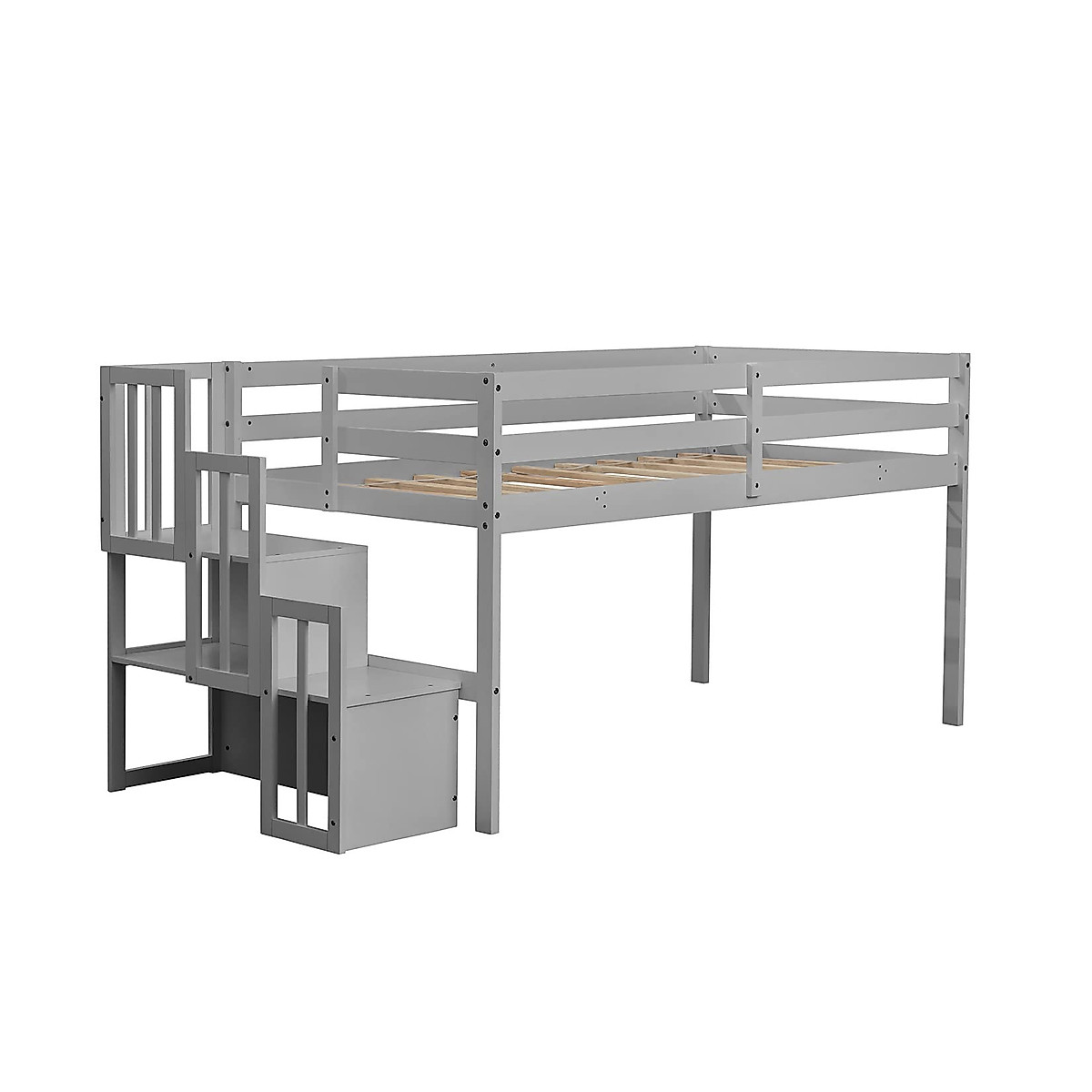 Bellemave Low Loft Bed with Stairs Twin Loft Bed with Storage Wood Bed Frame for Kids Teens Girls Boys, Gray