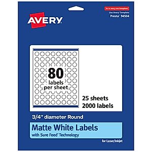 Avery Matte White Round Labels with Sure Feed, 3/4" Diameter, 2,000 Matte White Printable Labels