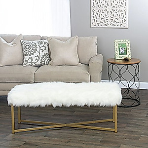 HomePop Faux Fur Rectangle Dining Bench with Metal Base, White