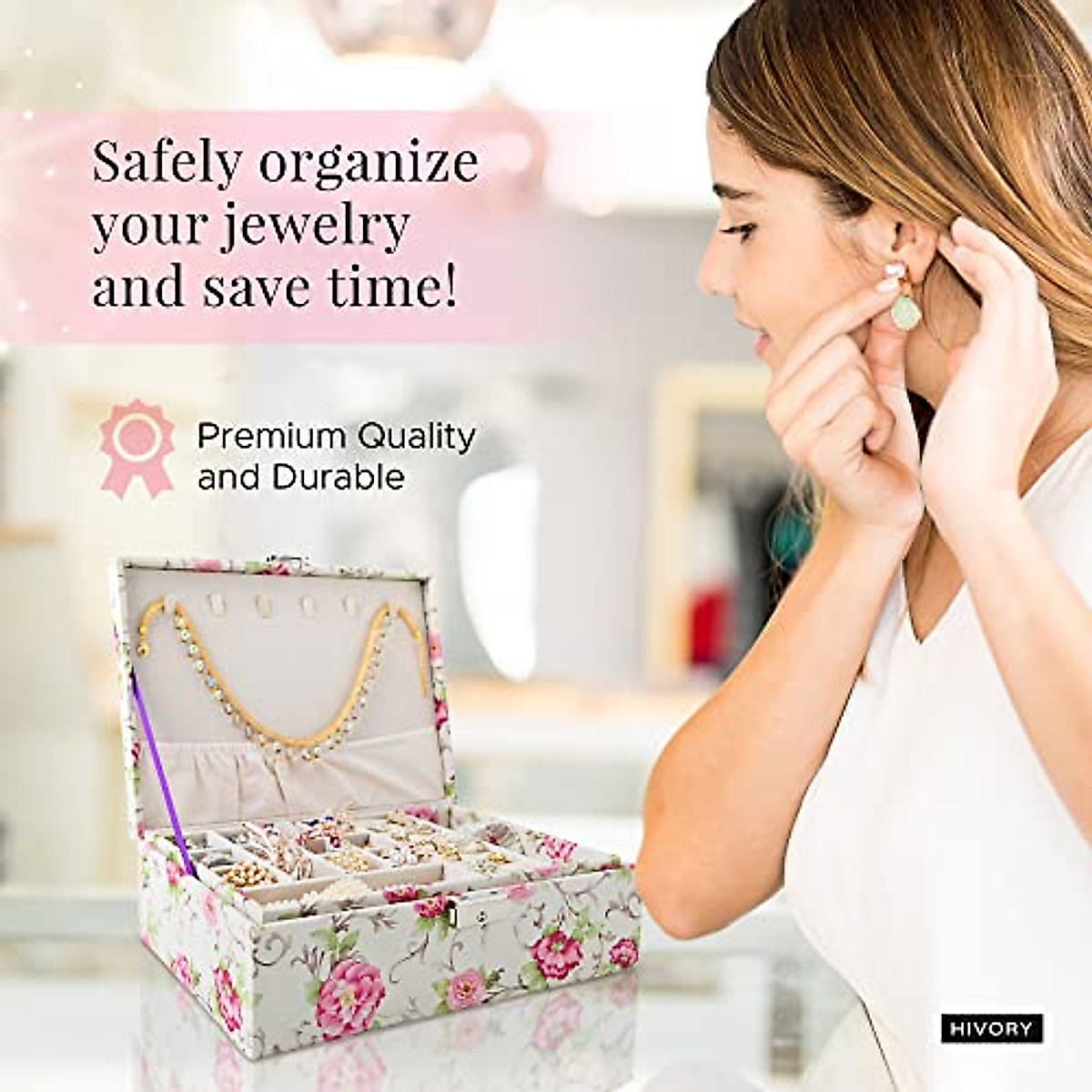 Jewelry Organizer Box - Women Two Layer Display Storage Case Large PU Leather Jewelry Holder with Lock for Earring Ring Necklace Bracelet, Beige White (Floral White)