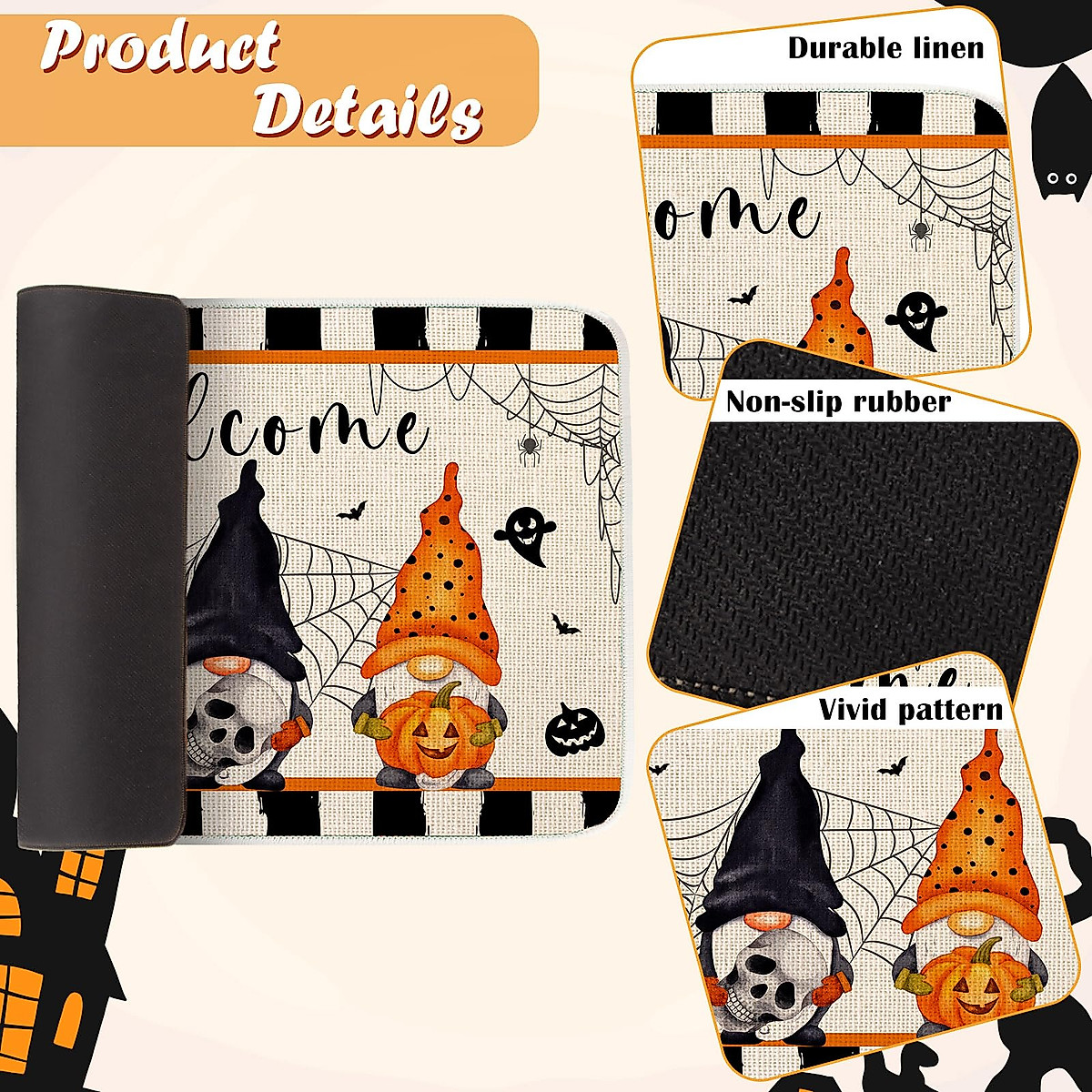 Svepndic Halloween Decorative Kitchen Mats Set of 2,Happy Halloween Kitchen Rugs and Mats,Halloween Non-Slip Gnome Doormat for Outdoor Indoor Kitchen Decor