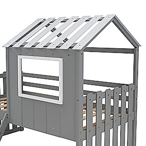 Twin Loft House Bed for Kids, Wooden Loft Beds with Rustic Fence-Shaped Guardrail/Ladder/Window/Roof for Teens Boys & Girls Bedroom (Gray-Loft House Bed)