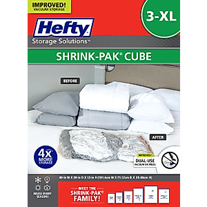 Hefty Shrink-Pak Vacuum Storage Bags - Space Saver Vacuum Storage Bags for Under Bed Storage, Clothing and Comforter Storage, Odor Resistant, 3X More Storage Space - 3 XL Cubes Vacuum Storage Bags