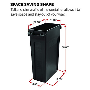 Rubbermaid Commercial Products Slim Jim Plastic Rectangular Trash/Garbage Can With Venting Channels, for Kitchen, Office, Workspace, 23 Gallon, Black - FG354060BLA