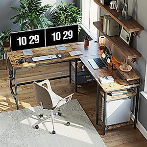 CubiCubi L Shaped Desk with Storage, 94.8 Inch Reversible Corner Computer Desk or 2 Person Long Table Desk, Home Office Large Gaming Writing Storage Workstation with Monitor Stand, Rustic Brown