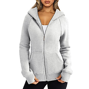 Trendy Queen Womens Zip Up Hoodies Oversized Sweatshirts Fall Outfits Long Sleeve Fleece Sweaters With Pockets Full Zip Winter Coats Jackets Y2k Clothes Teen Girls Fashion Grey