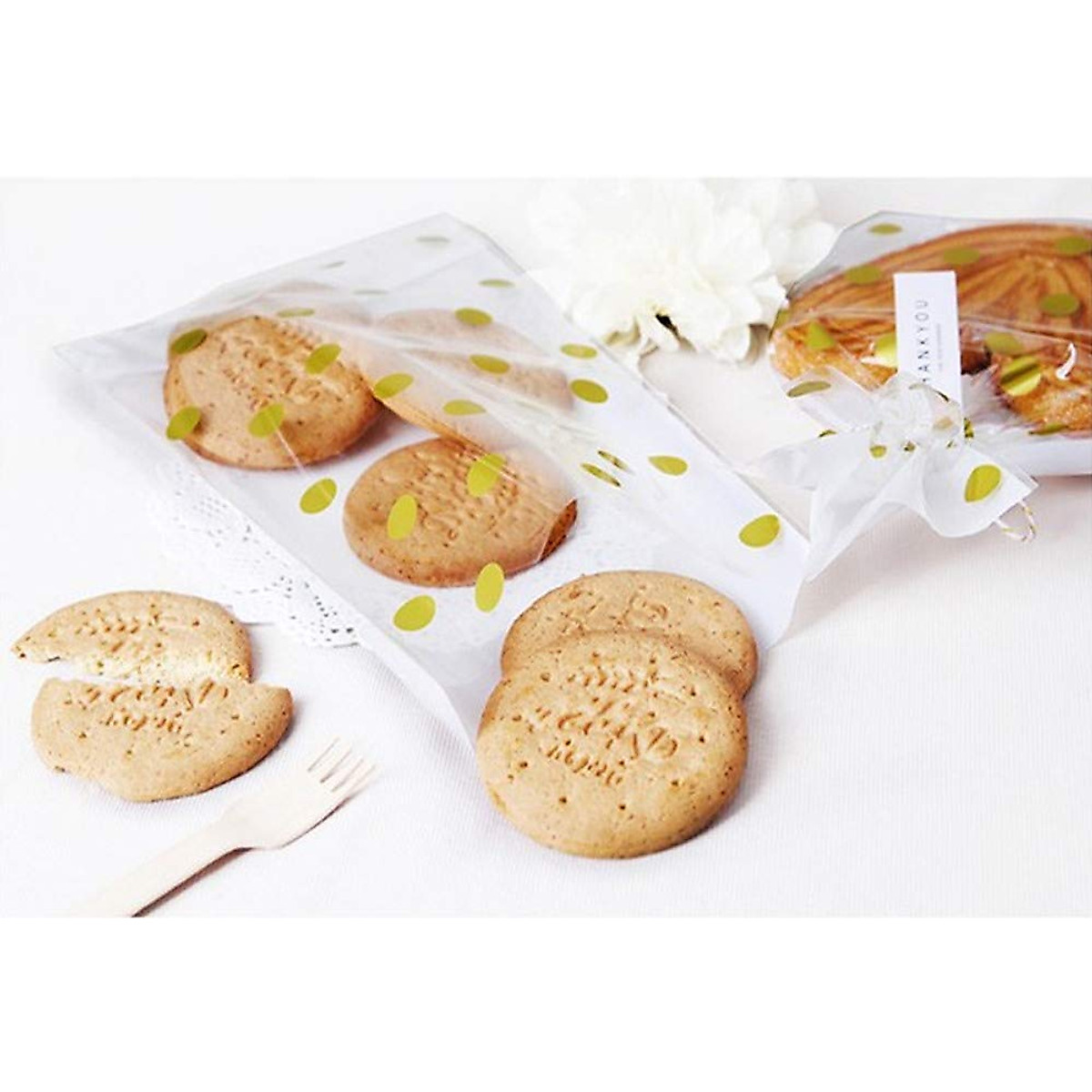 Gold Polka Dot Clear Cello Candy Favor Bags,Cellophane Cookie Treat Plastic Bags,with Gold Twist Ties, Pack of 50