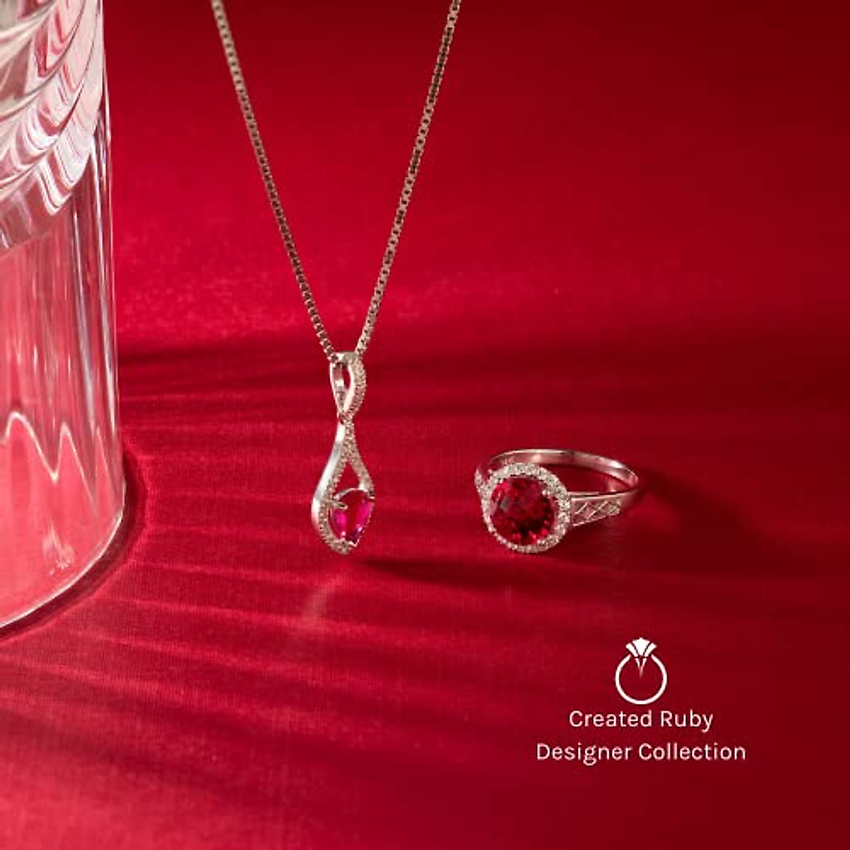 PEORA Created Ruby and Genuine Diamond Classic Cathedral Ring for Women 14K White Gold, 2.50 Carats Round Shape 8mm, Size 7