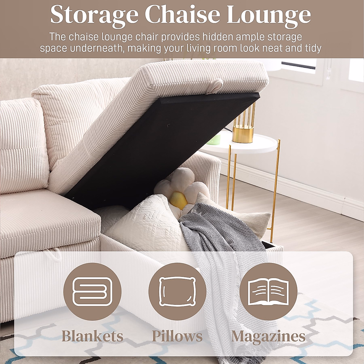 DAMAIFROM Convertible Sofa Bed Sleeper, 3 Seater L-Shaped Sleeper Sectional Sofa with Storage Chaise, Comfy Corduroy Couch, Upholstered Pull Out Sofa Bed for Living Room, Beige