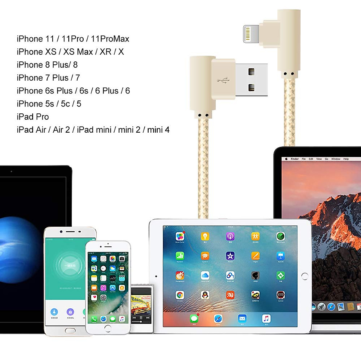 3 Pack Apple MFi Certified iPhone Cable Right Angle Lightning Cable (3/3/3FT) Nylon Braided 90 Degree Charging Cord Charging Data Sync for iPhone 13/12/11/11Pro/Xs Max/X/8/7/Plus/6S/6/SE/5S iPad Gold