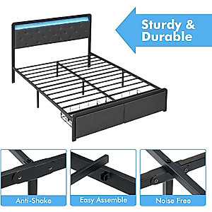 IDEALHOUSE Queen Bed Frame with 2 Storage Drawers, LED Lights Upholstered Platform Bed with Heavy Duty Metal Slats, No Box Spring Needed, Noise Free, Easy Assembly