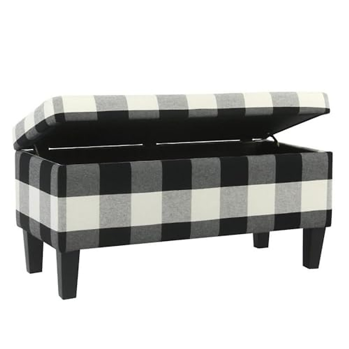 HomePop Large Upholstered Rectangular Storage Ottoman Bench with Hinged Lid, Black Buffalo Plaid