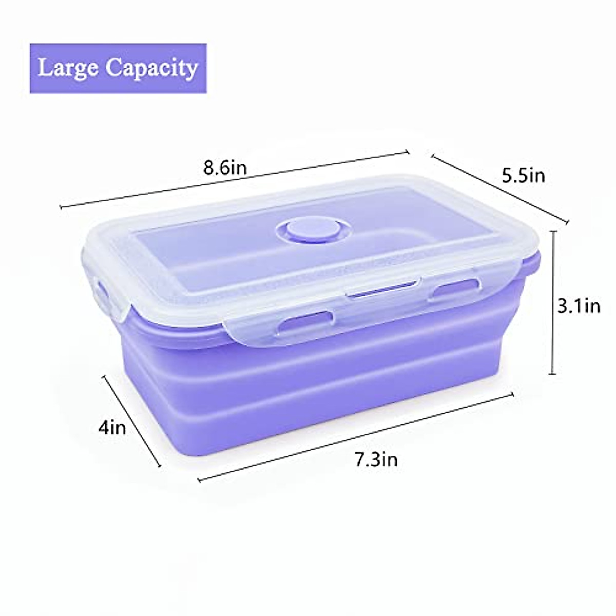 Lunbengo Purple Collapsible Sandwich Container, Silicone Lunch Container Bento Box with Plastic Lid, Microwave Safe, Camping Bowl For Meal Prep, Travel and Hiking, 40oz/1200ML