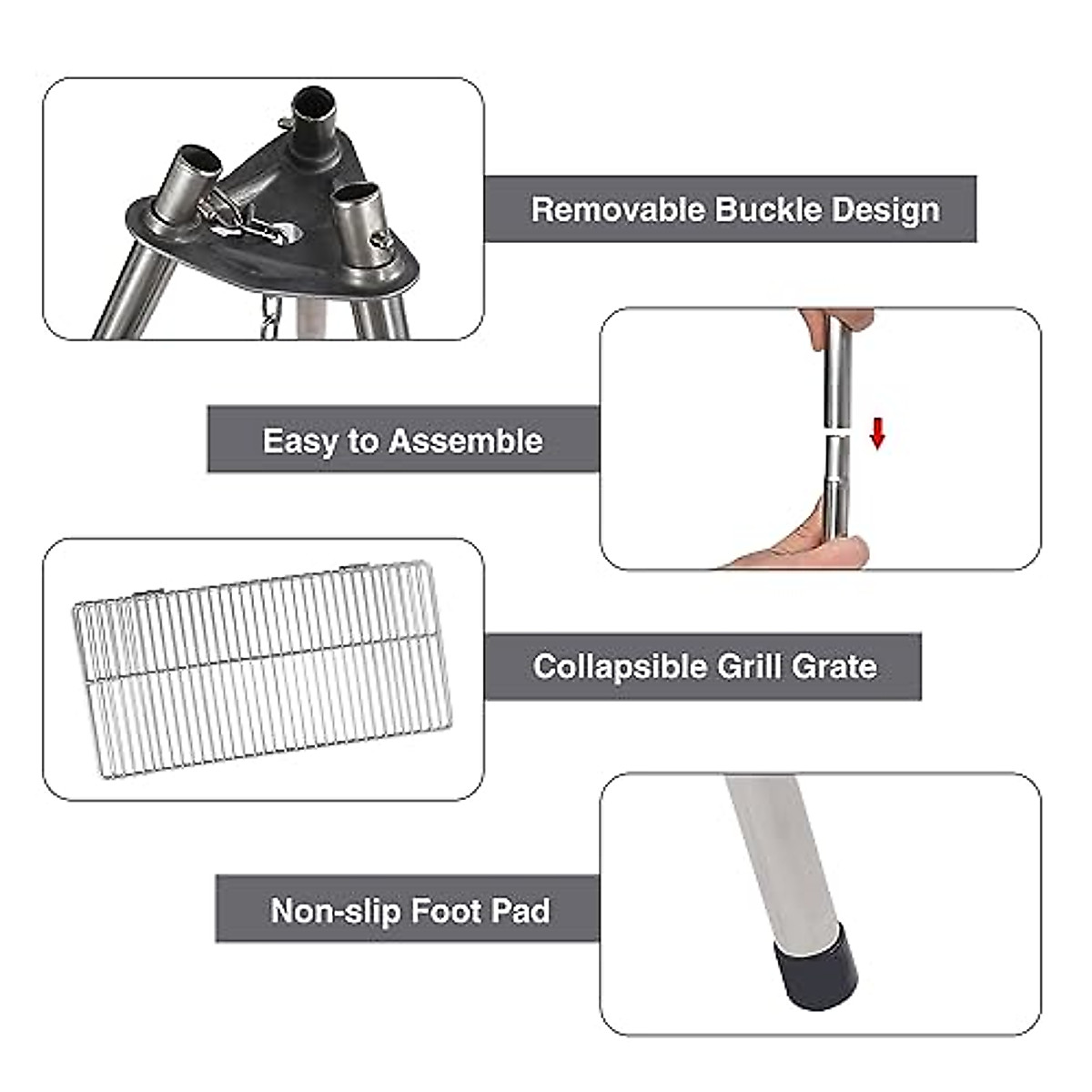 Lineslife Campfire Tripod Grill for Cooking, Durable Stainless Steel Camping Fire Tripod Grill with Grill Grate and Carrying Bag for Outdoor BBQ, Silver