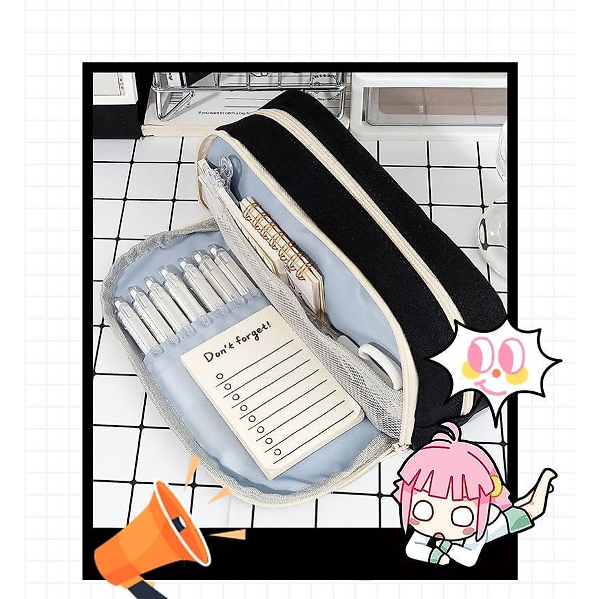 UNMULFC Large Pencil Pouch for Adult for Women Dog Puppy Multi-Pocket Y2K Kawaii Cute Aesthetic Case Box holder Estuche para lapices Organizer Mini Makeup Bag (black)