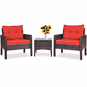 DORTALA 3 Piece Patio Furniture Set, Outdoor Rattan Wicker Conversation Set with Cushions, Glass Top Coffee Table for Garden Balcony Poolside, Red