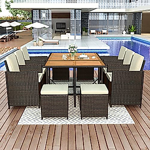 EMKK 11-Piece Patio All-Weather PE Wicker Dining Table Wood Tabletop for 10, Rattan Sectional Sofa Conversation Furniture Set w/Ottoman,Cushion, OneSize, Brown
