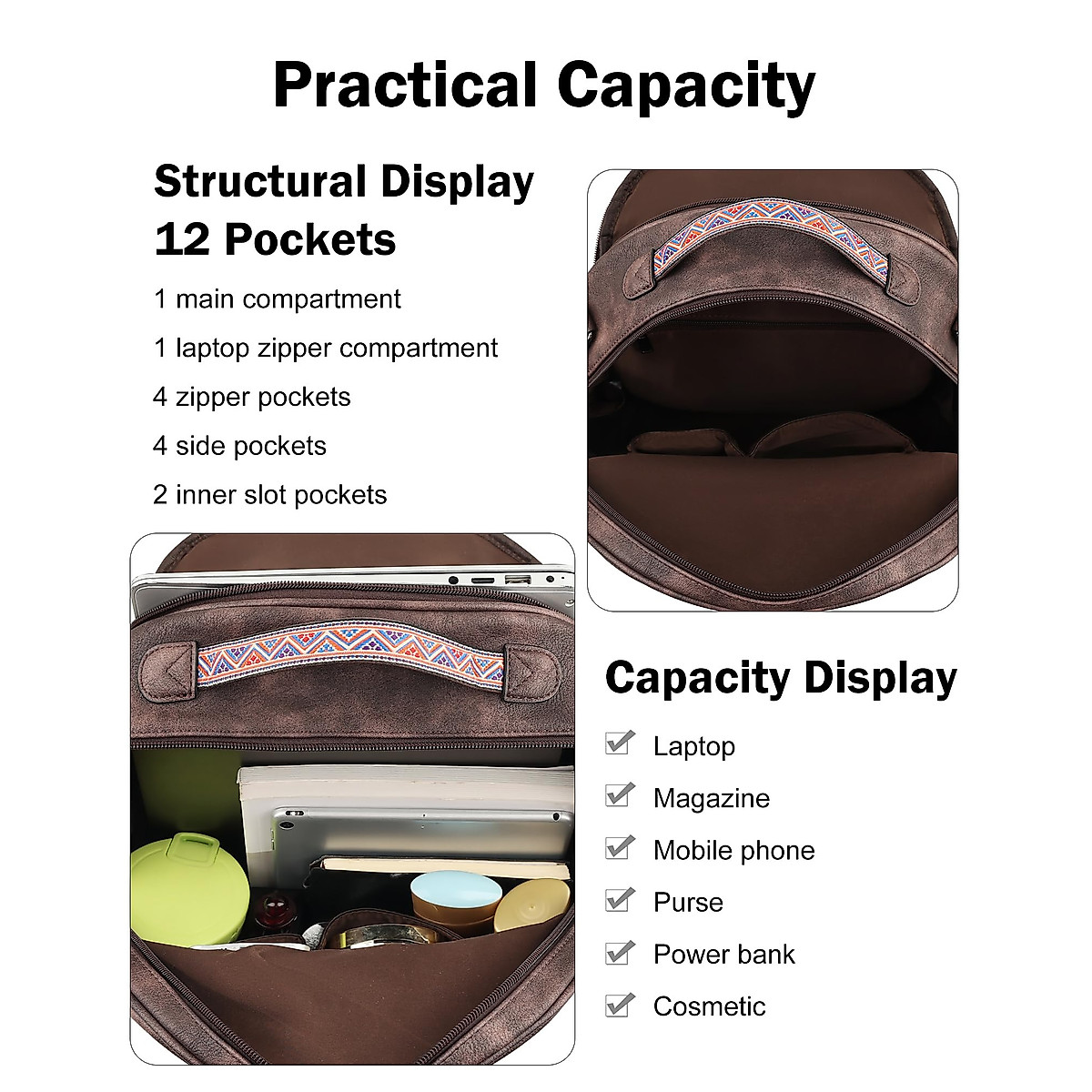 FADEON Leather Laptop Backpack for Women PU Computer Backpack, Designer Travel Back Pack Purse with Laptop Compartment Coffee