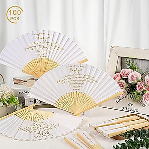 Unittype 100 Pcs Wedding Folding Fans for Guests Bamboo Folded Hand Fan Thank You Fan for Wedding Favors Vintage Silk Handheld Fans for Bridal Shower Decorations(White, Simple Style)