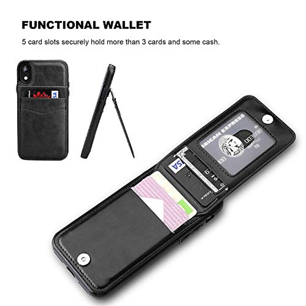 KIHUWEY iPhone XR Case Wallet with Credit Card Holder, Premium Leather Magnetic Clasp Kickstand Heavy Duty Protective Cover for iPhone XR 6.1 Inch(Black)