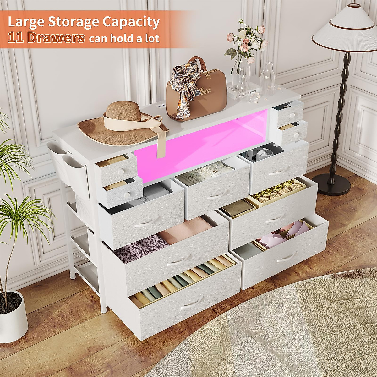 DRAWERHOM Dresser TV Stand with Power Outlets and LED Lights for 55'' TV, 11 Drawers Dresser with Side Pocket, Fabric Chest of Drawers with PU Finish, Sturdy Frame & Wood Top (White)