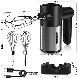 Rechargeable Cordless Hand Mixer Electric - 7 Speed Electric Handheld Mixer with Storage Base, Digital Screen, 4 Stainless Steel Accessories for Easy Whipping, Mixing Batters, Dough, Cookies, Cakes