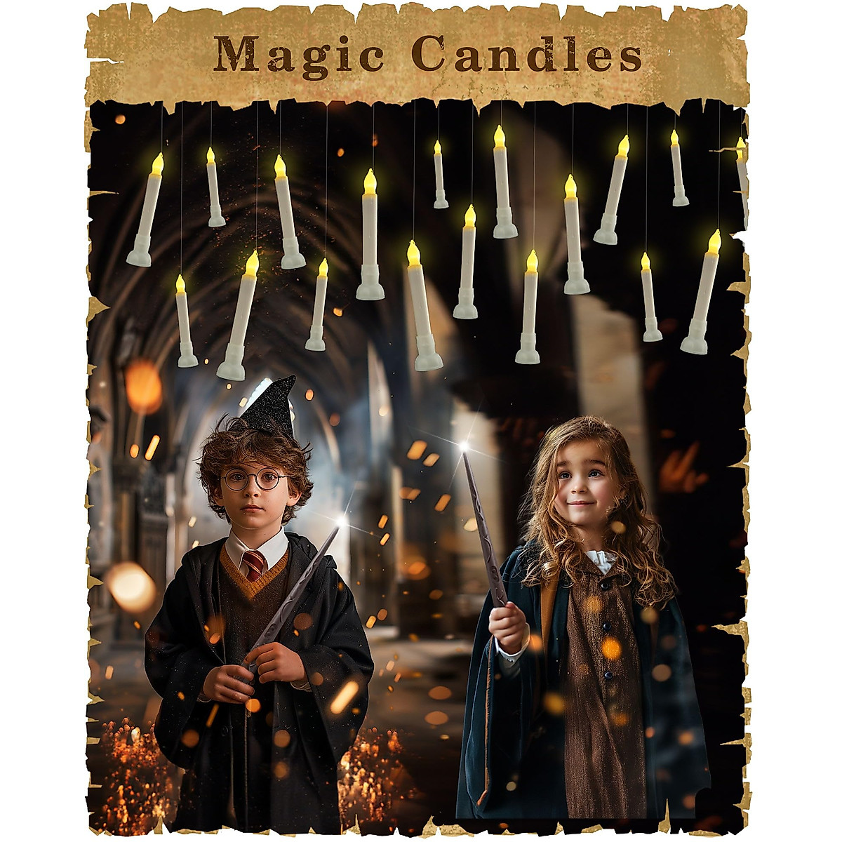 Amagic Batteries Included Floating Candles with Wand Remote, 12pcs Flickering Warm Light Flameless Taper Candles, Magic Hanging Candles with Base for Birthday Party, Halloween Decorations