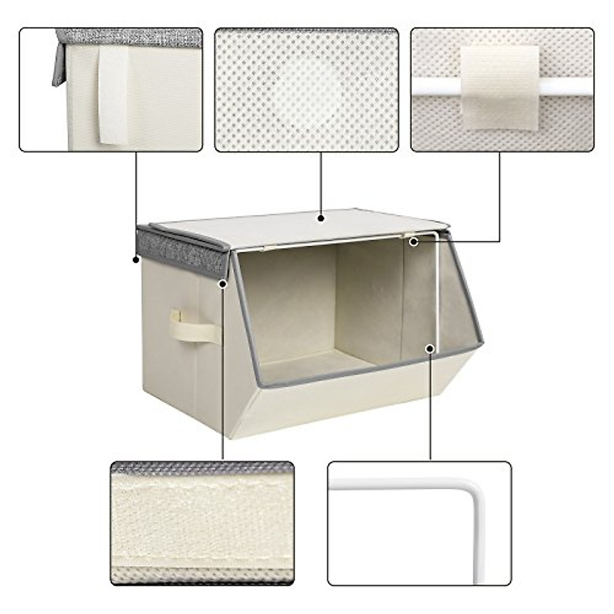 SONGMICS Large Bins with Lids and Handles, Stackable Storage Organizers with Linenette and Oxford Fabric for Clothes and Kid’s Toys, Set of 2, Gray and Beige URLB03GE