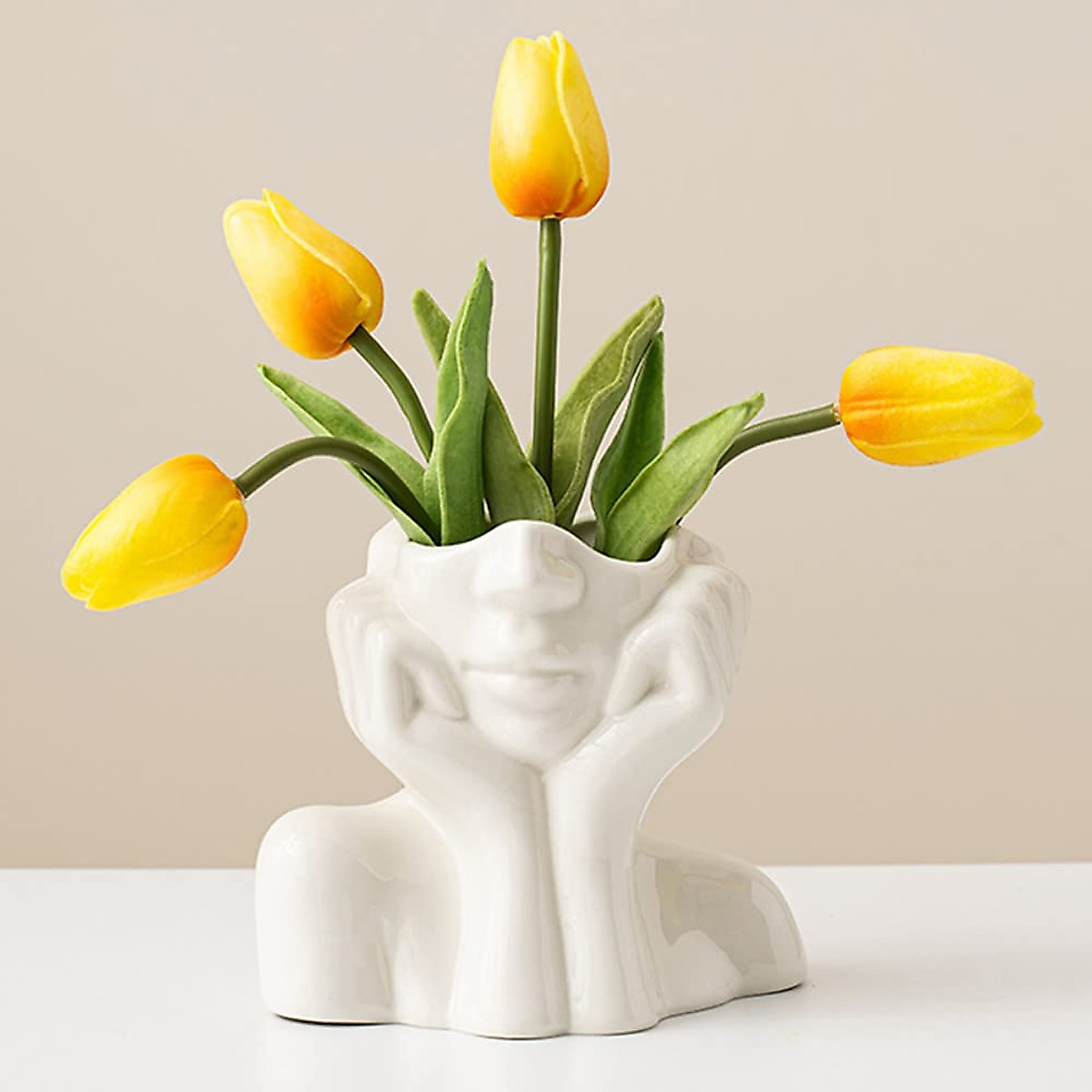 White Ceramic Face Vase, Female Form Head Half Body Bust Vases Boho Feminist Minimalism Decorative Modern Nordic Style Flower Vase for Home Living Room Office Book Shelf Decor (Medium)