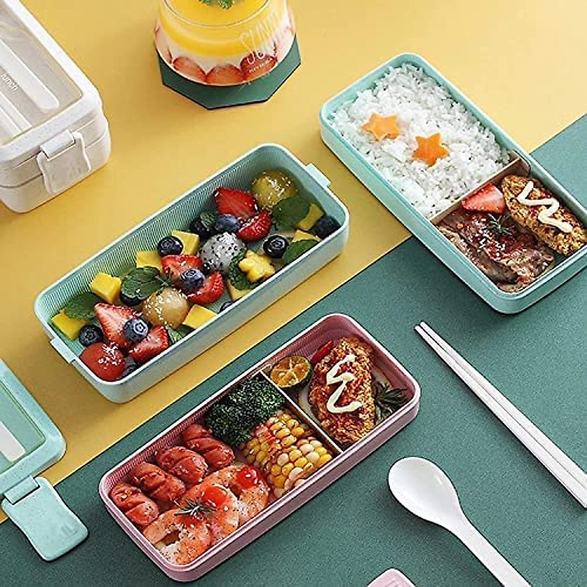 Rarapop Beige Stackable Bento Lunch Box Kit, 3-In-1 Compartment Wheat Straw Lunch Containers with Tableware, Reusable On-the-Go Meal and Snack Containers
