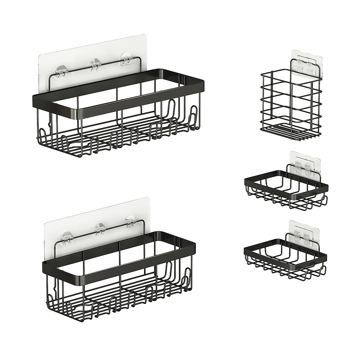 Kitstorack Shower Caddy, 5 Pack Adhesive Shower Organizer with 28 Hooks Wall Shampoo Holder for Bathroom Storage & Kitchen, Rustproof Large Shower Caddy Shelf Organizer Rack, Black