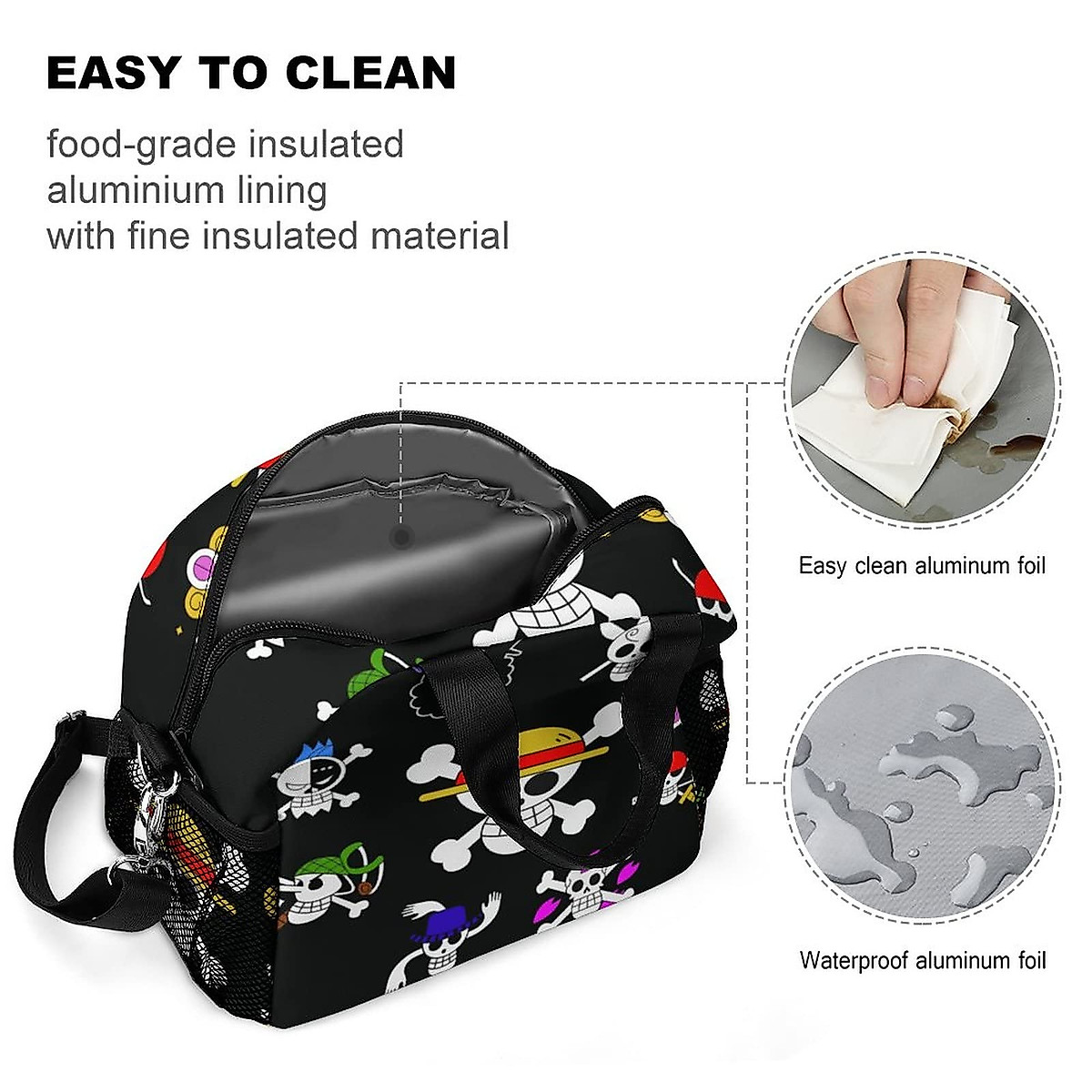 CHSSONG Insulated Lunch Bag One Skull Piece Dinner Box Leakproof Cooler Portable Handbag Reusable Thermal Tote Bag With Adjustable Shoulder Strap Black, 25.5x22.5x16.5cm(10x8.9x6.5inch)