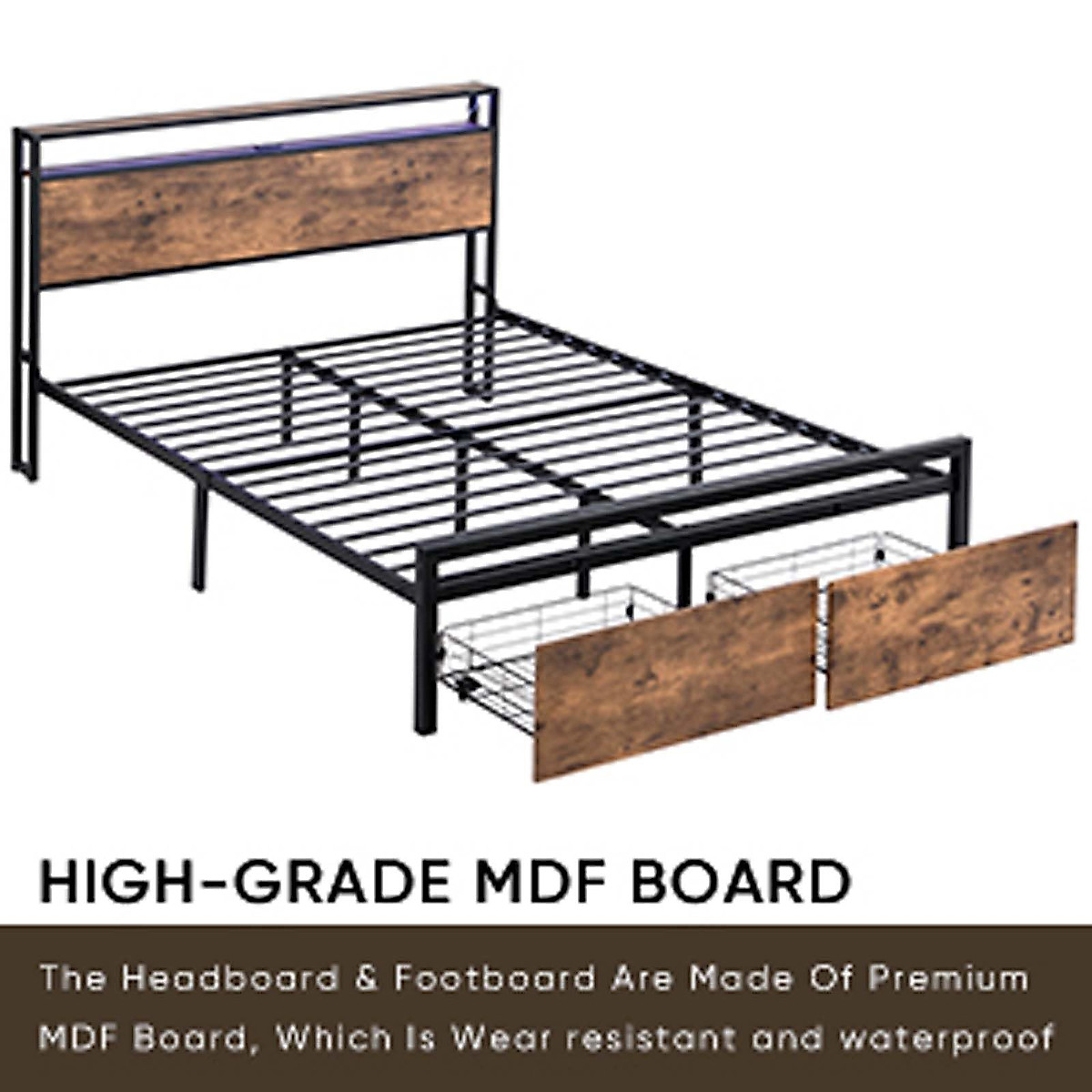 FTOPBTB Industrial Queen Size Bed Frame with Storage Headboard and 2 Drawers, LED Smart Bed Frame with Charging Station, Metal Platform Bed No Noise, Metal Slats Support, No Box Spring Needed (Queen)