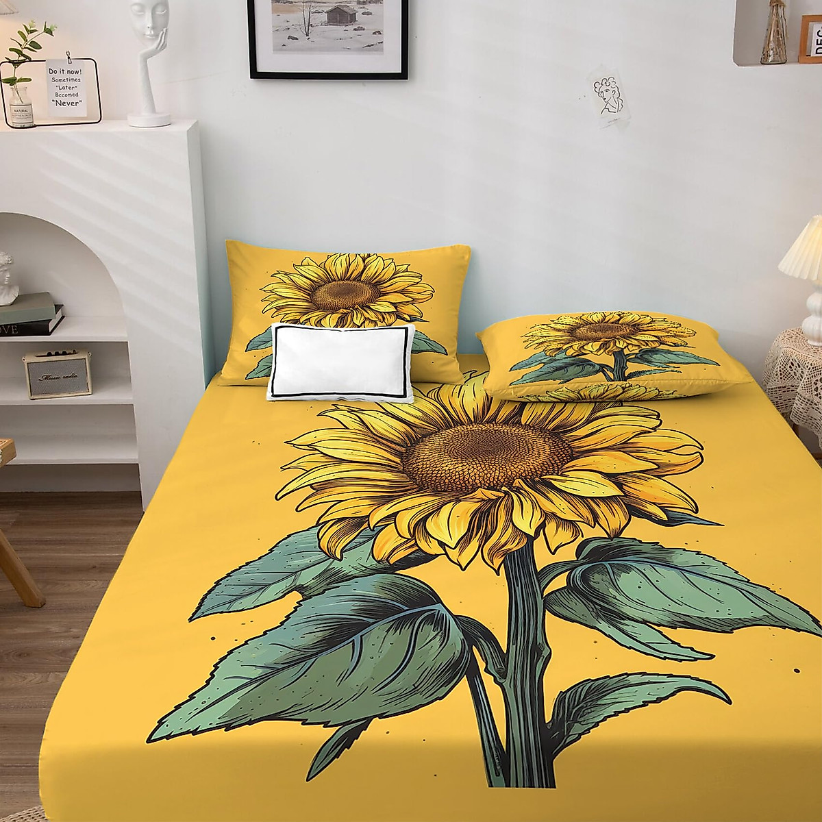 Sunflower Sheets Full Size, Plant Yellow Bed Sheets, Patterned Bedding Sheets & Pillowcases 4 Piece Set - Soft Microfiber Deep Pocket Fitted Sheet & Flat Sheet & 2 Pillow Cases L5-&-256