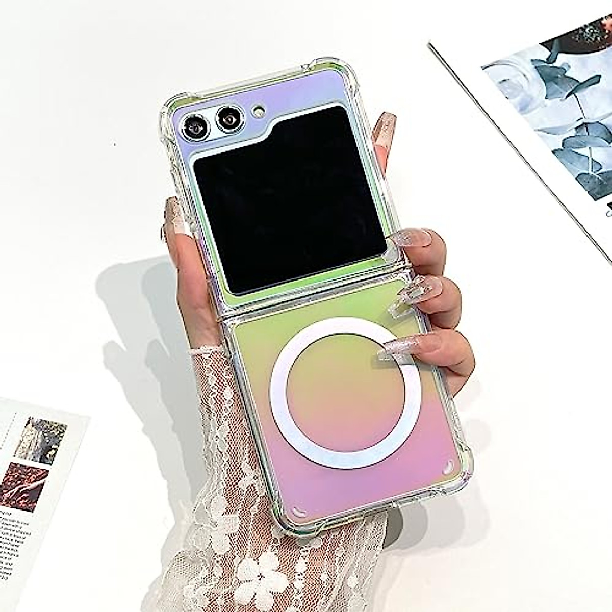 LSL for Samsung Galaxy Z Flip 5 Case [Compatible with MagSafe] Bling Laser Colorful Case Soft TPU Bumper Shockproof Hard PC Anti-Scratch Anti-Drop Protective Slim Magnetic Cover for Women Girls Men