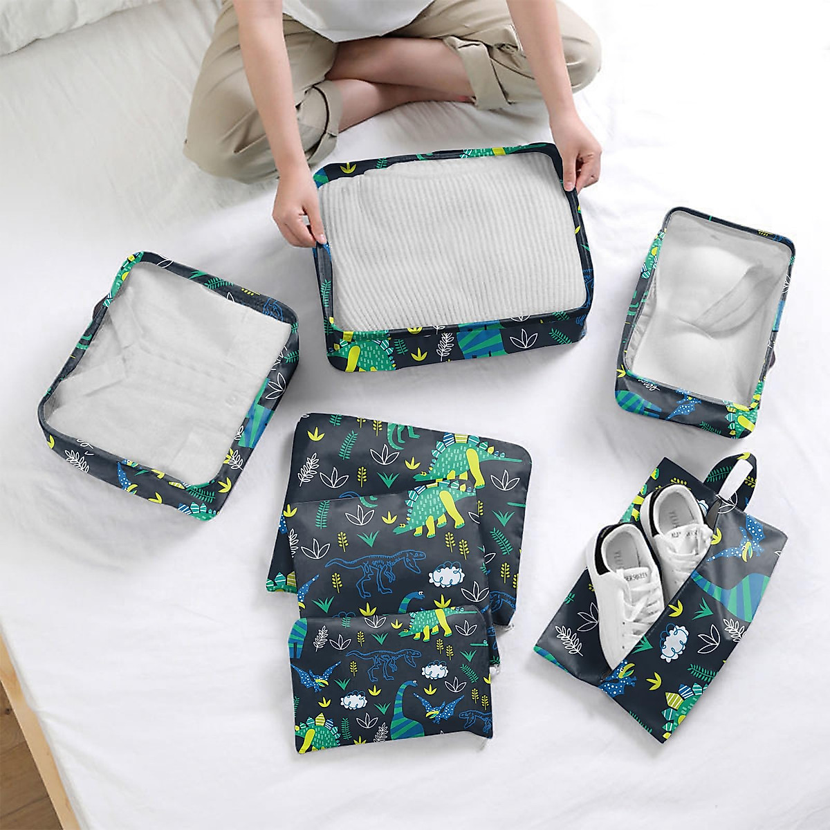 BHAHB Packing Cubes for Kids 7 Set Travel Luggage Organizers for Suitcase Travel Accessories with Shoe Bag for Women Girls Cute Aesthetic Art-Green Dinosaur